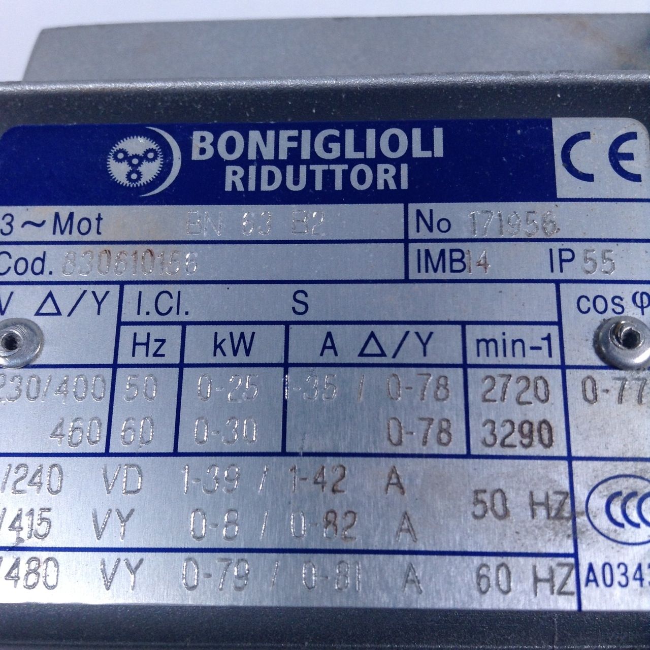 Bonfiglioli BN63B2 worm gear motor 0,25kW 230/400V B5 NEW NMP