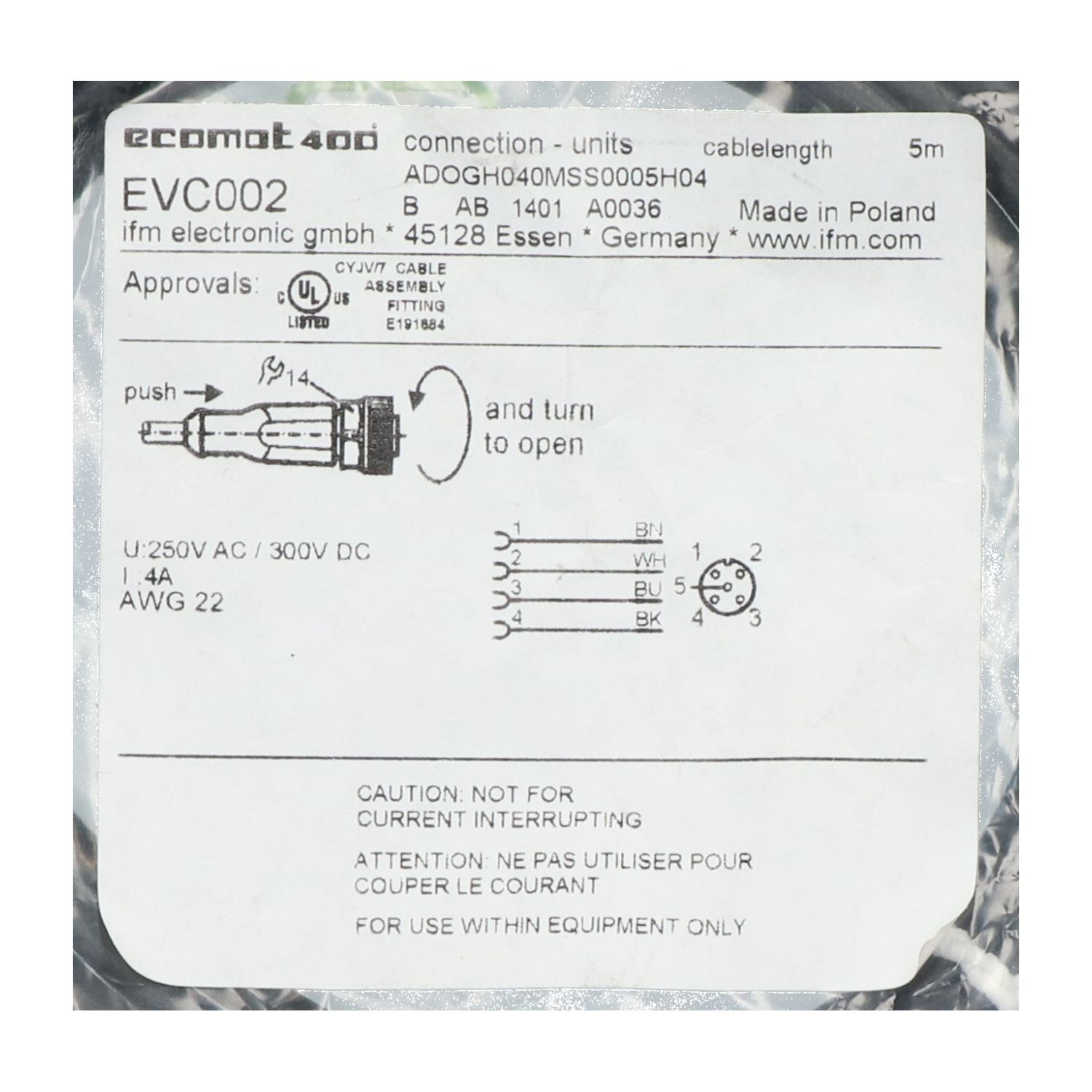 Ifm EVC002 Connecting cable with socket New NFP Sealed