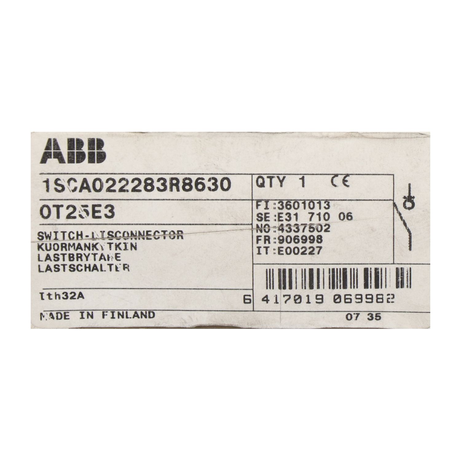 Abb OT25E3 Switch Disconnector (Ith=32A) New NFP