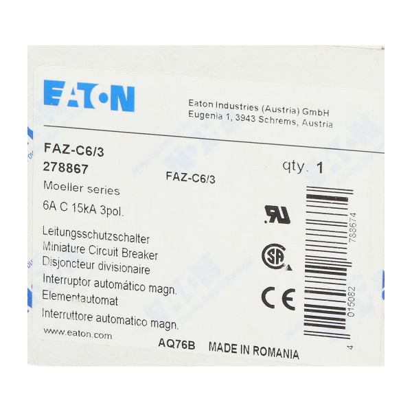 Eaton FAZ-C6/3 Faz-C6 / 3 Int. Mt 10Ka 3P C 6A New NFP