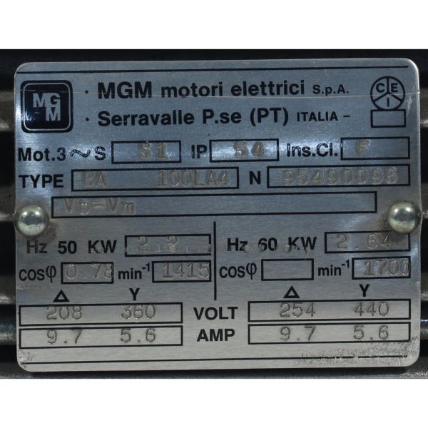 Mgm Mottori BA100LA4-B5 AC Motor (2,2kW; 230-400V; 4 Poles) Used UMP